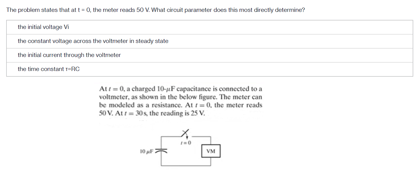 Solved The problem states that at t=0, the meter reads 50 V. | Chegg.com