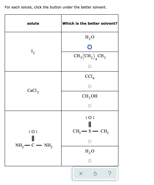 Solved For each solute, click the button under the better | Chegg.com