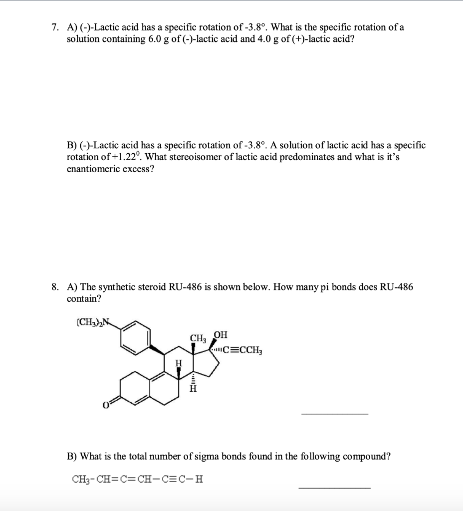 Solved 7. A) (-)-Lactic acid has a specific rotation of | Chegg.com
