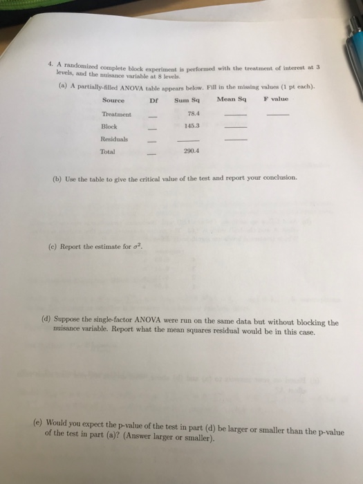 Solved 4. A randomized complete block experiment is | Chegg.com