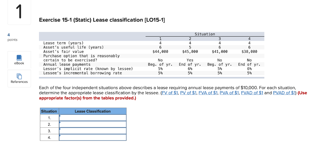 Solved Exercise 15-1 (Static) Lease classification [LO15-1] | Chegg.com