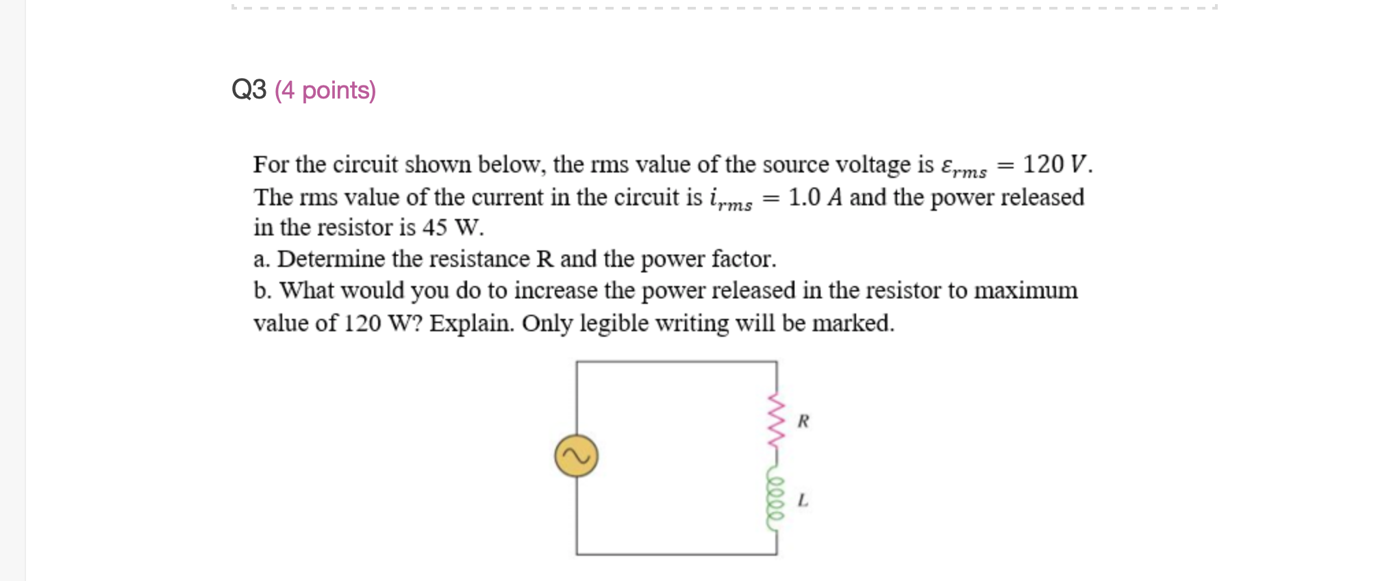 Solved Q3 (4 points) For the circuit shown below, the rms | Chegg.com