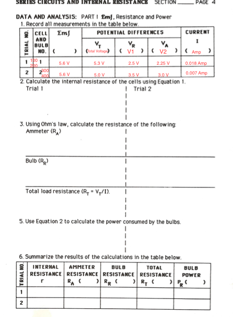 Solved SERIES AND INTERNAL RESISTANCE SECTION PAGE BULB V | Chegg.com