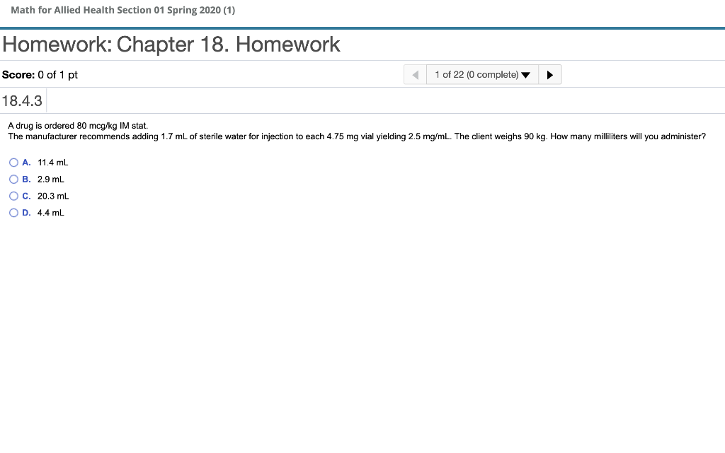 Solved Math for Allied Health Section 01 Spring 2020 (1) | Chegg.com