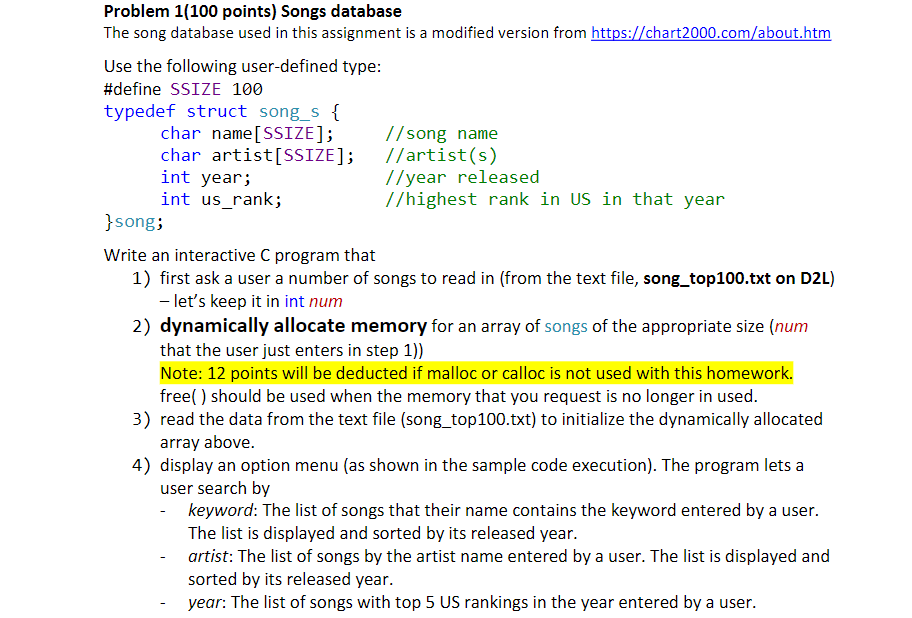 Problem 1(100 points) Songs database The song | Chegg.com