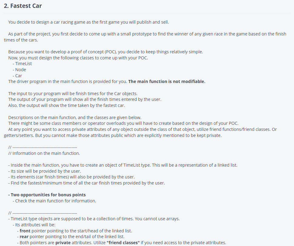 Solved 2. Fastest car You decide to design a car racing game | Chegg.com