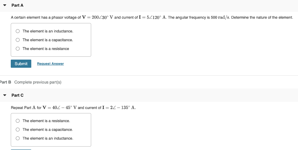 Solved Part A A certain element has a phasor voltage of | Chegg.com