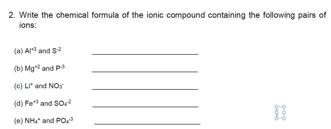 Solved 2. Write the chemical formula of the ionic compound | Chegg.com