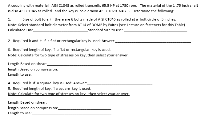 Solved A coupling with material AISI C1045 as rolled | Chegg.com