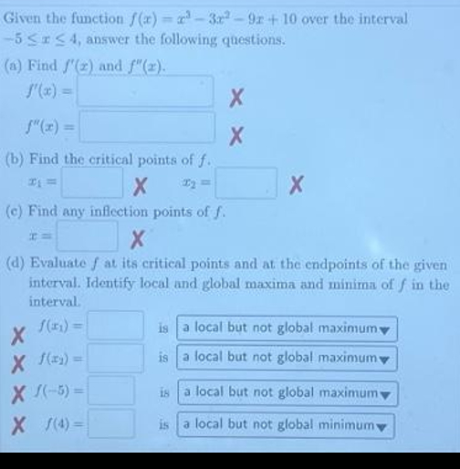 Solved Given the function f(x)=x3-3x2-9x+10 ﻿over the | Chegg.com