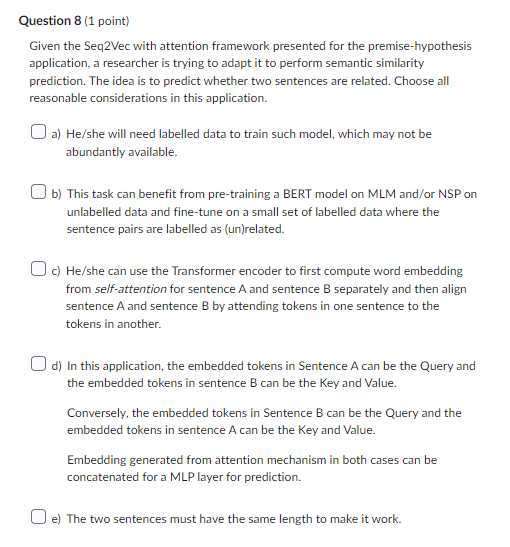 Solved uestion 8 (1 point) Given the Seq2Vec with attention | Chegg.com