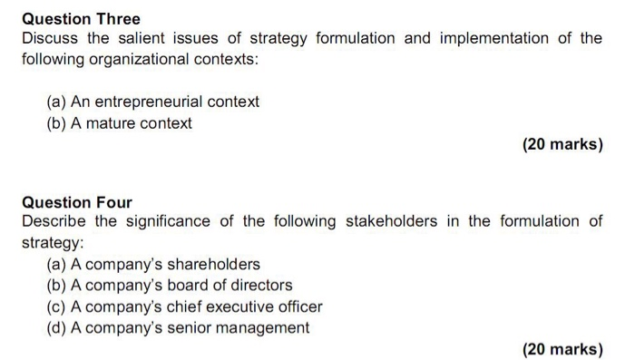 Solved Question Three Discuss the salient issues of strategy | Chegg.com