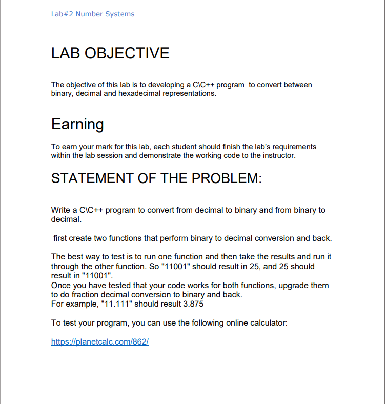 Lab#2 Number Systems LAB OBJECTIVE The objective of | Chegg.com