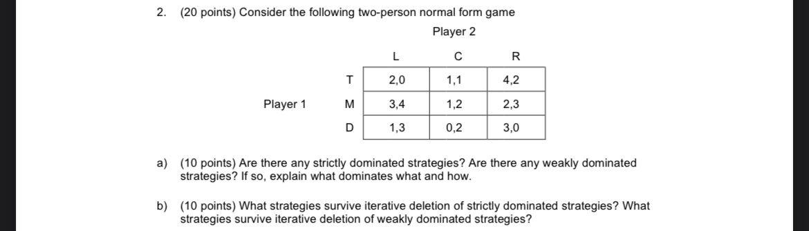 Solved 2. (20 points) Consider the following two-person | Chegg.com