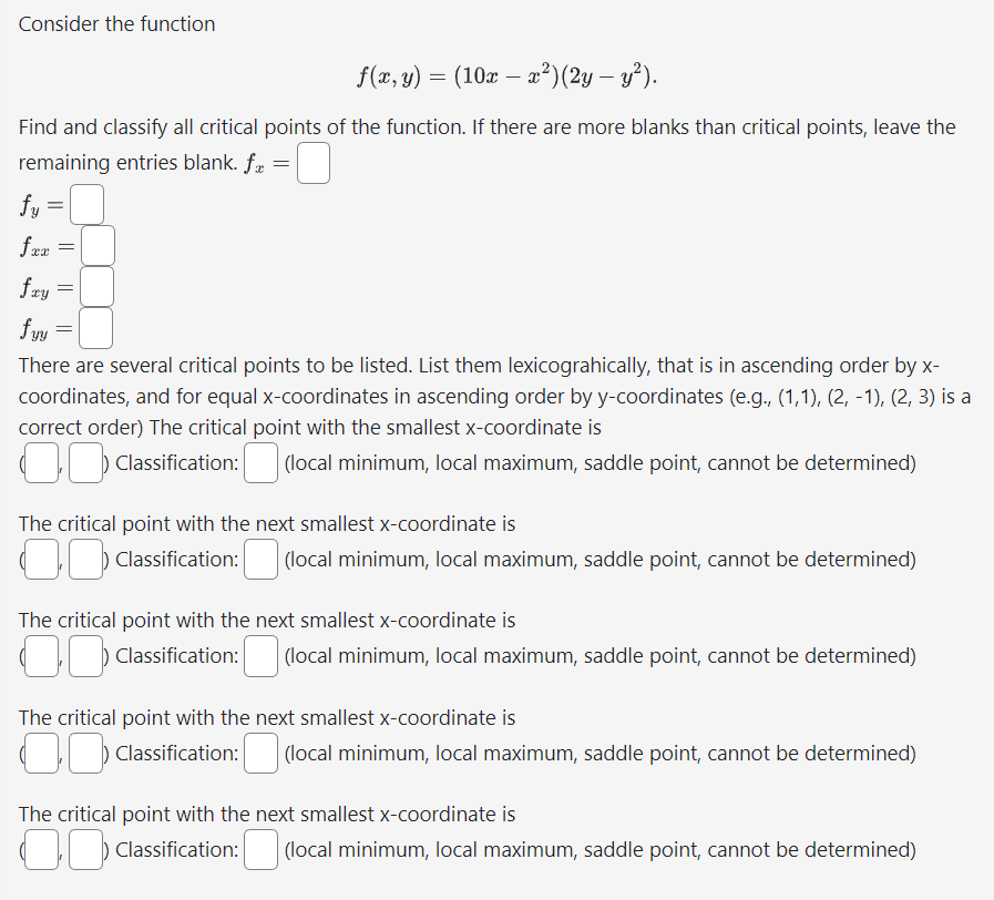 Solved Consider the function f(x,y)=(10x−x2)(2y−y2) Find and | Chegg.com