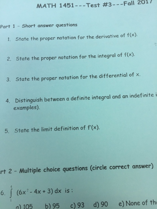 Solved MATH 1451 Test #3 Fall 2017 Part 1 Short answer | Chegg.com