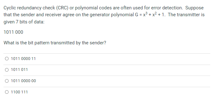 Solved Cyclic Redundancy Check Crc Or Polynomial Codes Are