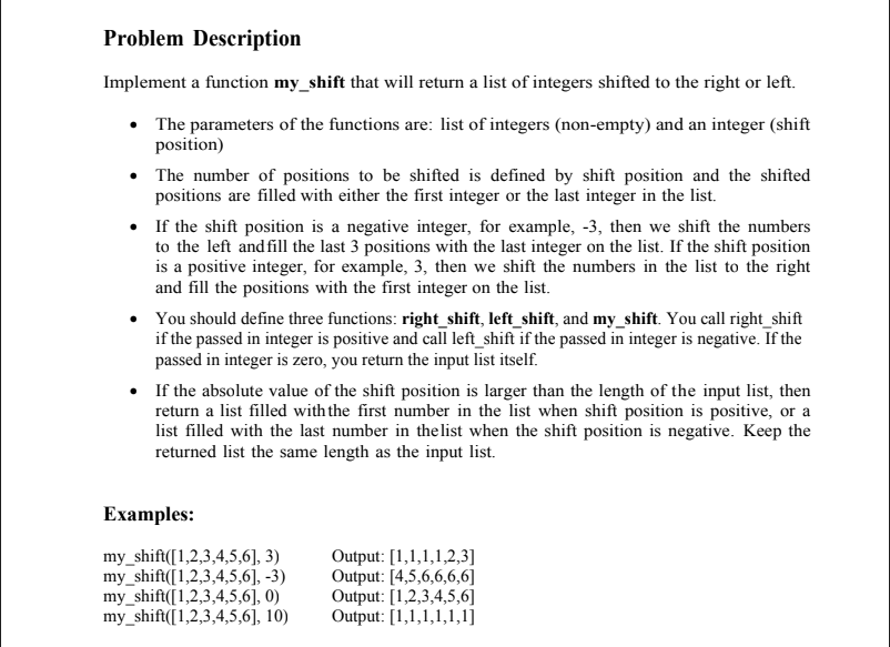 Solved Problem Description Implement a function my_shift | Chegg.com