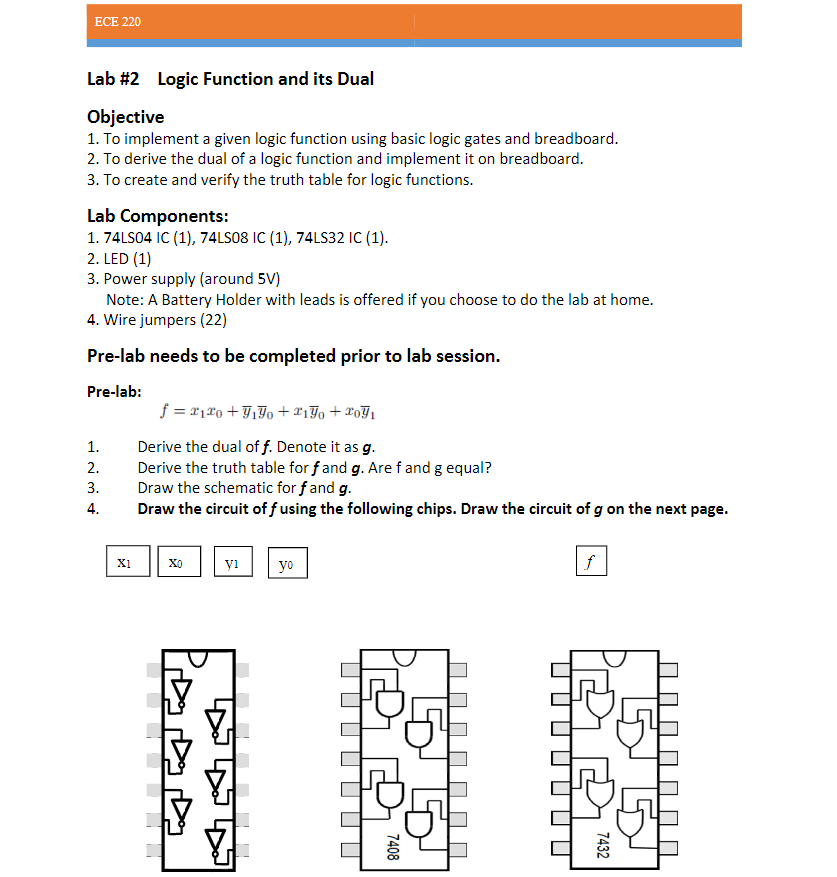 Solved ECE 220 Lab #2 Logic Function and its Dual Objective | Chegg.com
