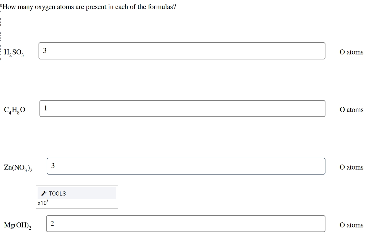Solved How many oxygen atoms are present in each of the | Chegg.com