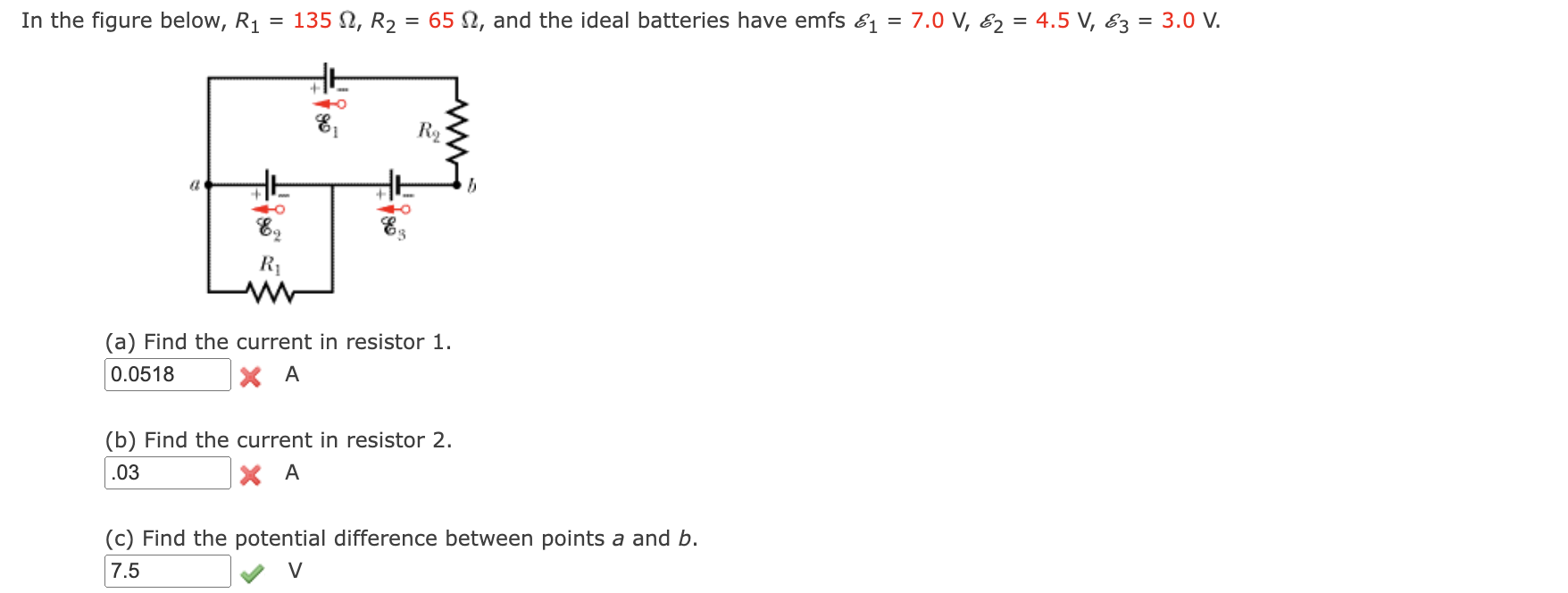 Solved In the figure below, R1=135Ω,R2=65Ω, and the ideal | Chegg.com