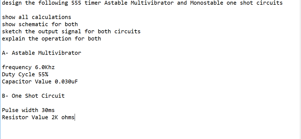 Solved design the following 555 timer Astable Multivibrator | Chegg.com