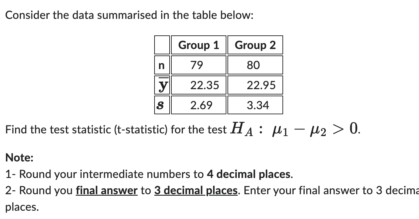 Solved Consider the data summarised in the table below: Find | Chegg.com