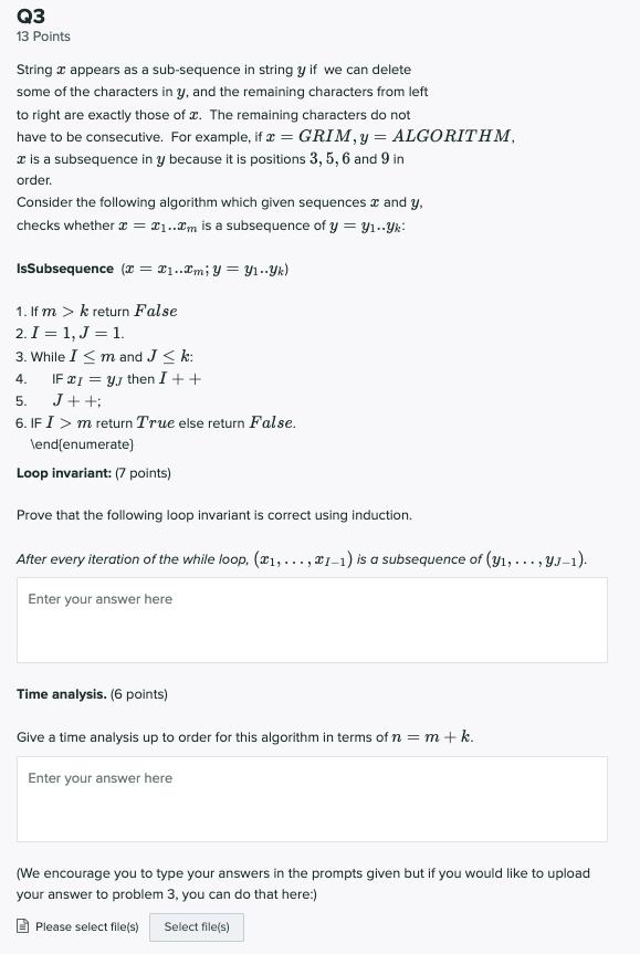 Solved Q3 13 Points String x appears as a sub-sequence in | Chegg.com