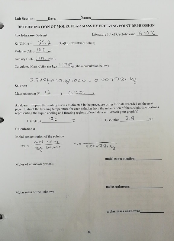 Solved Lab Section: Date: Name: DETERMINATION OF MOLECULAR | Chegg.com