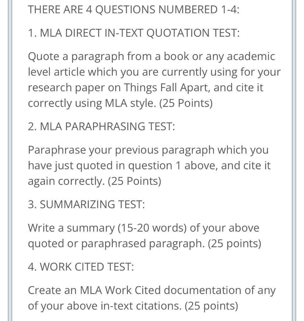 1. MLA DIRECT IN-TEXT QUOTATION TEST: Quote a | Chegg.com