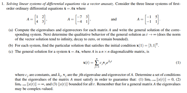 Solved 1. Solving linear systems of differential equations | Chegg.com