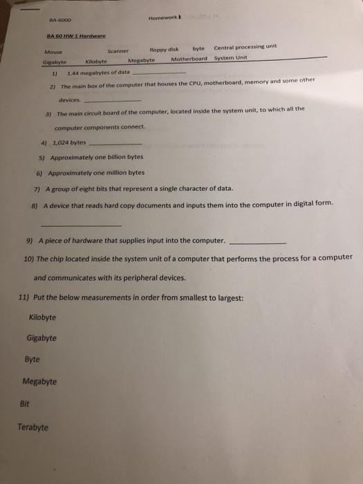 Solved byte Central processing unit floppy disk Kilobyte | Chegg.com