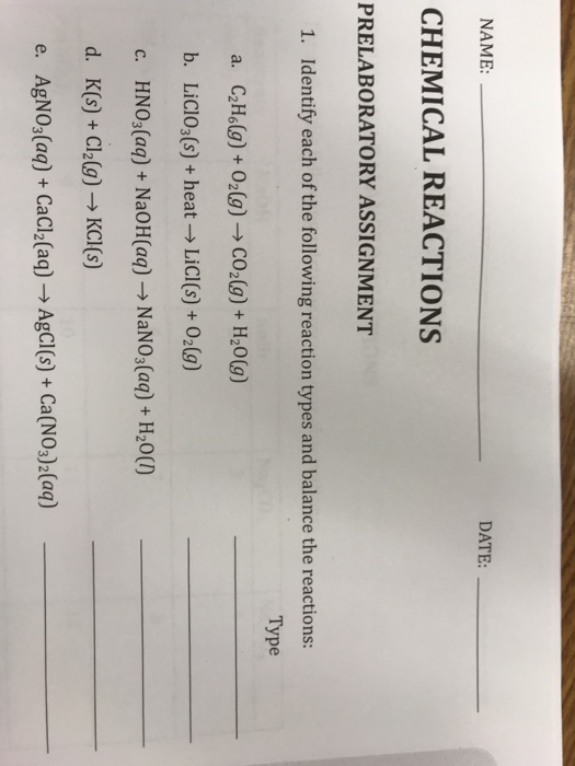 Solved NAME: DATE: CHEMICAL REACTIONS PRELABORATORY | Chegg.com