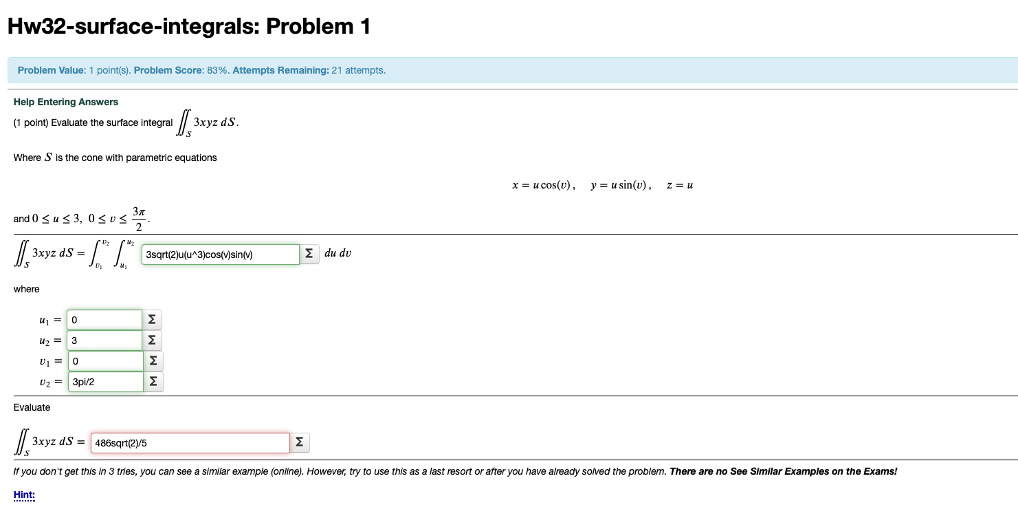 Solved Hw32-surface-integrals: Problem 1 Problem Value: 1 | Chegg.com