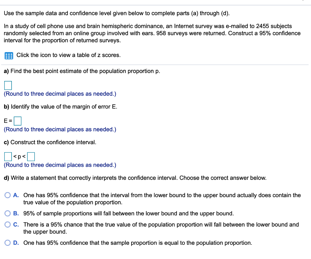 Solved Use the sample data and confidence level given below | Chegg.com