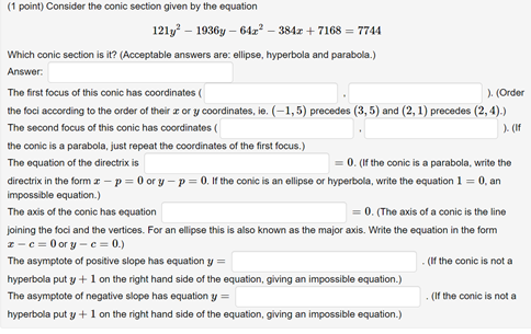 Solved (1 point) Consider the conic section given by the | Chegg.com