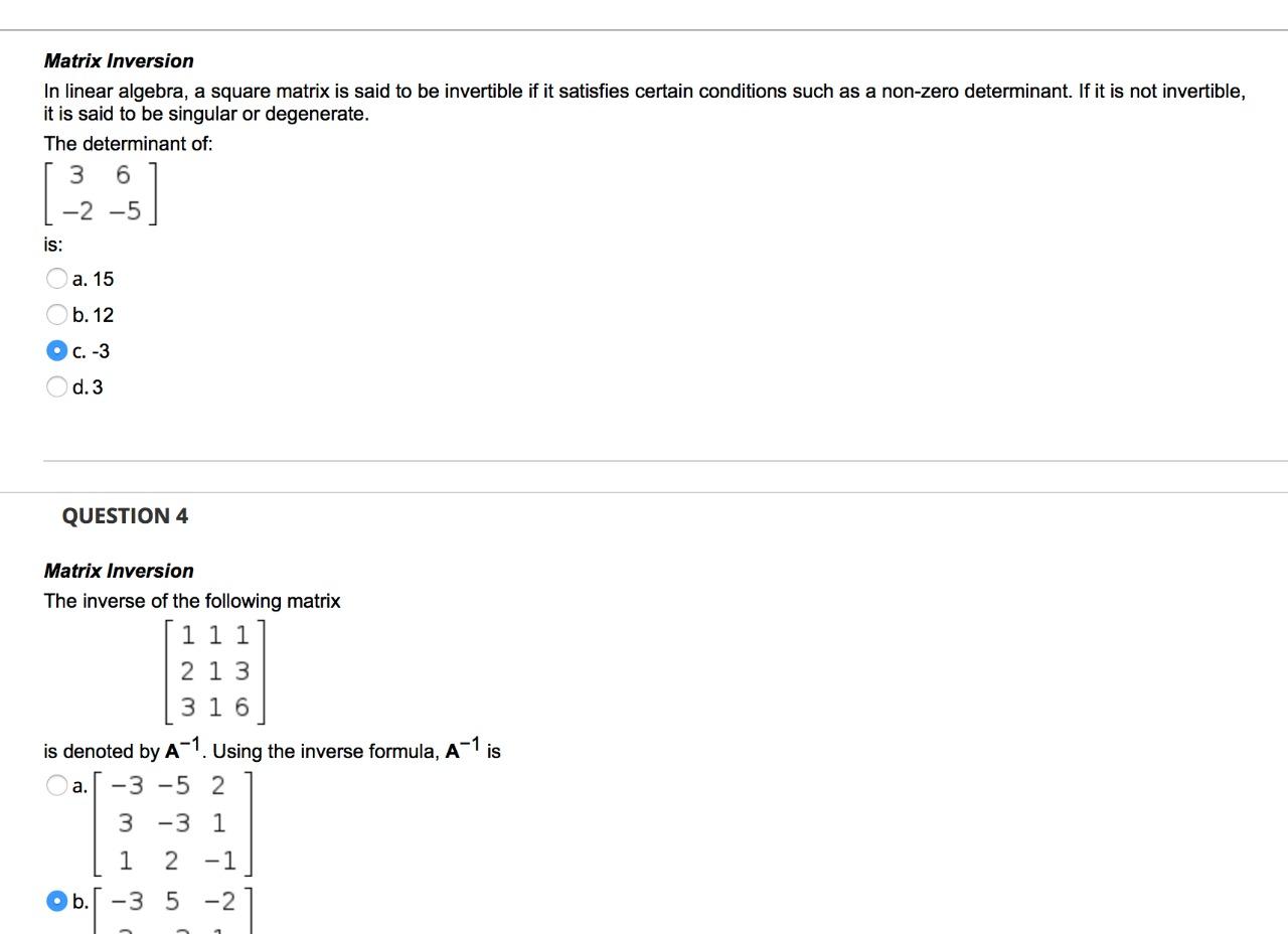 Solved Matrix Inversion In linear algebra, a square matrix | Chegg.com