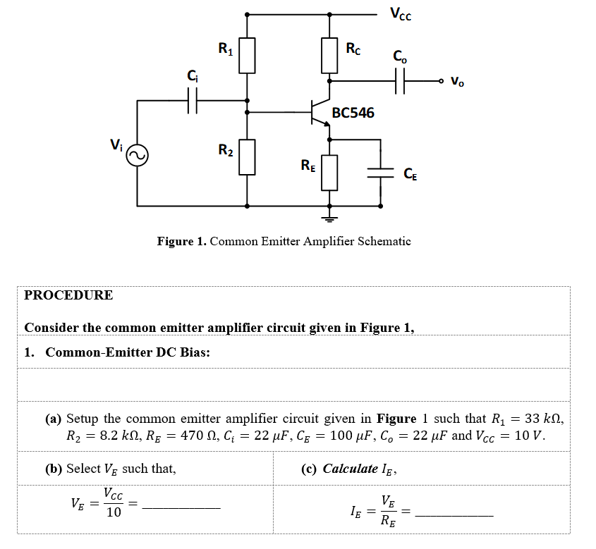 Solved Vcc R1 RC C. C HE V BC546 Vi R2 RE CE Figure 1. | Chegg.com