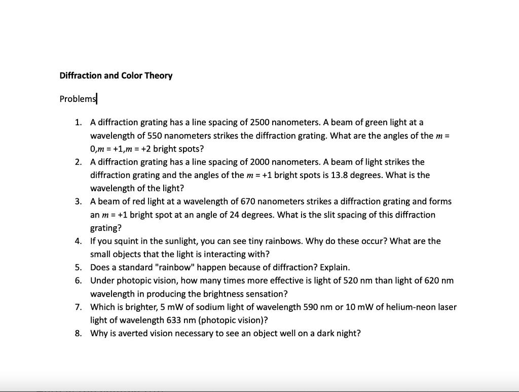 Solved Diffraction and Color Theory Problems 1. A | Chegg.com
