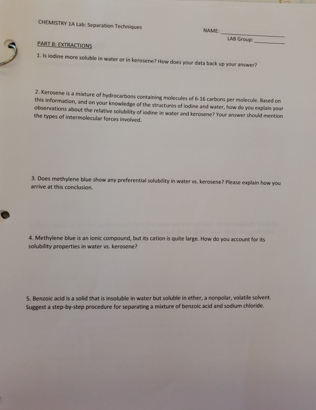Solved CHEMISTRY 1A Lab: Separation Techniques NAME: LAB | Chegg.com