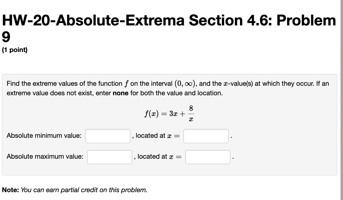 Solved HW-20-Absolute-Extrema Section 4.6: Problem 9 (1 | Chegg.com