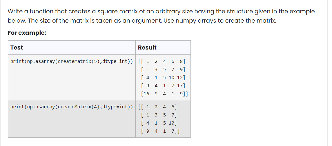 Solved Write a function that creates a square matrix of an | Chegg.com