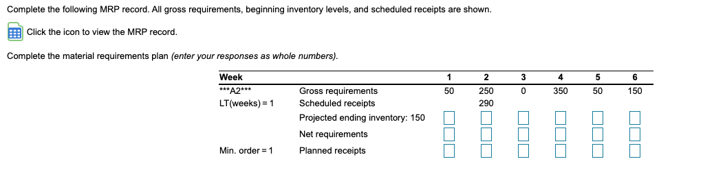 Solved 2 3 4 5 6 Week ***A2*** LT(weeks) = 1 50 0 350 50 150 | Chegg.com