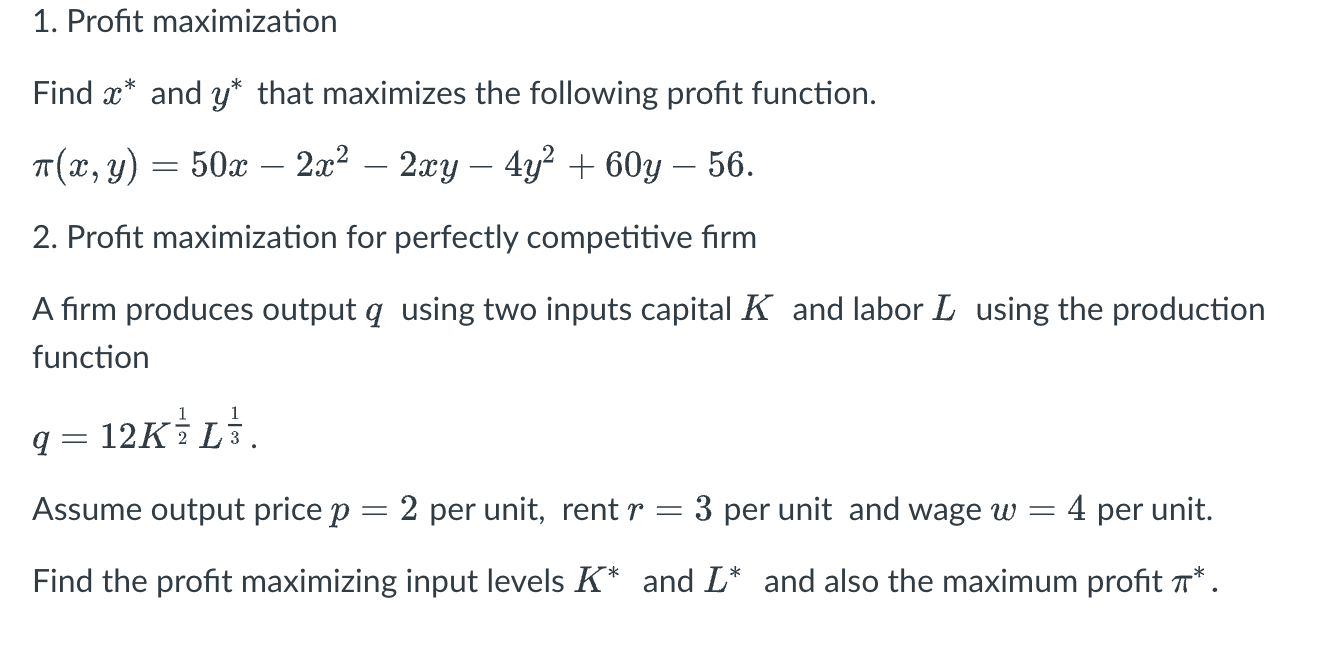 Solved Find x∗ and y∗ that maximizes the following profit | Chegg.com