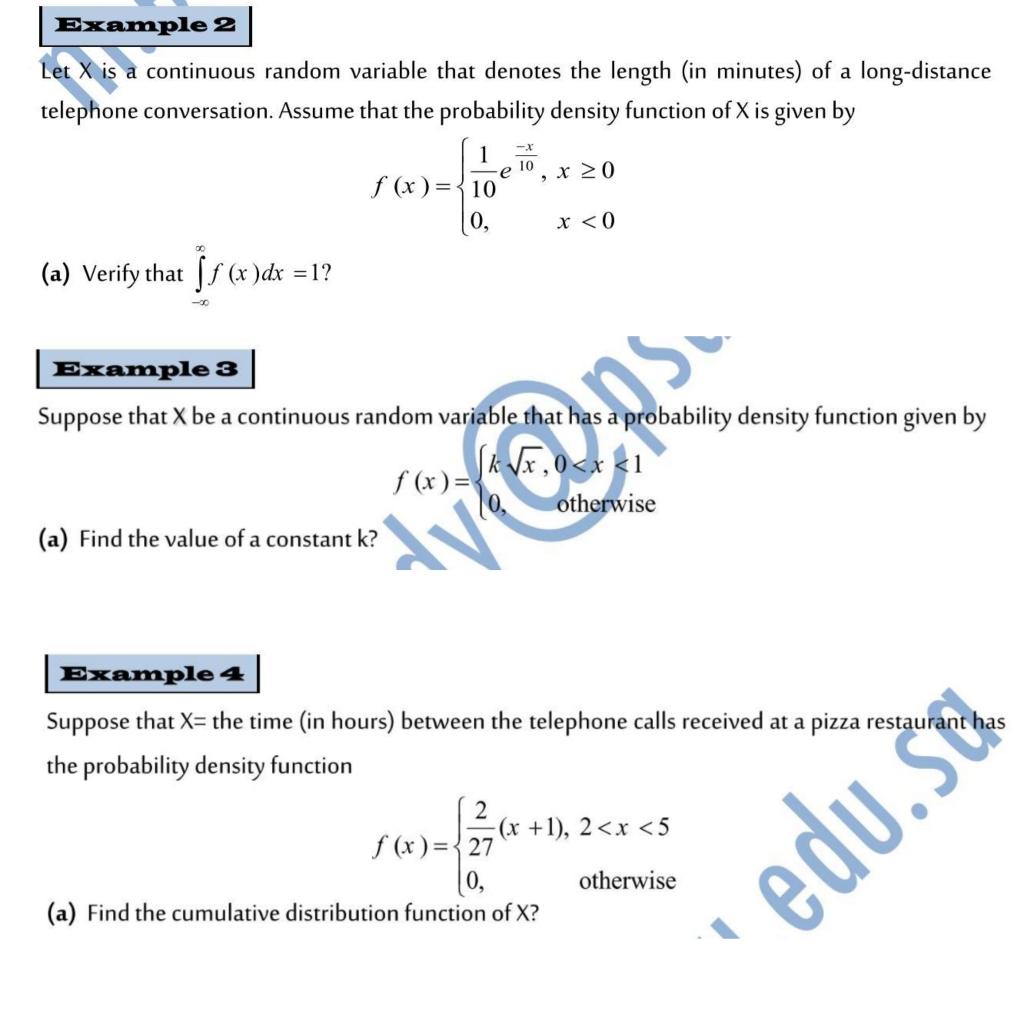 Solved Example 2 Let X is a continuous random variable that | Chegg.com