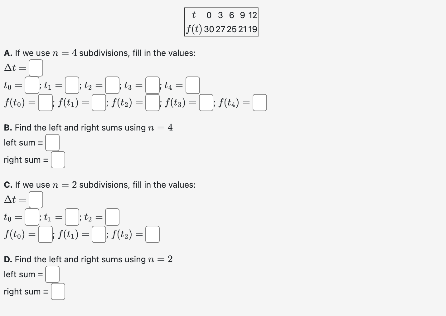 Solved t,0,3,6,9,12f(t),30,27,25,21,19A. ﻿If we use n=4 | Chegg.com