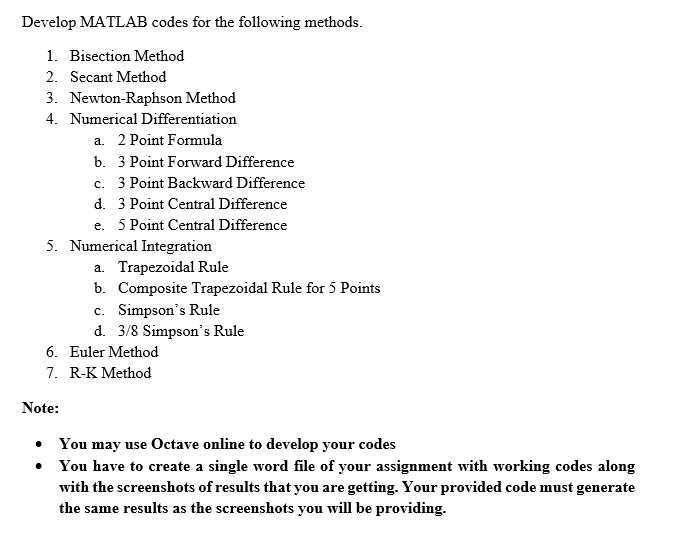 Solved Develop MATLAB codes for the following methods. 1. | Chegg.com