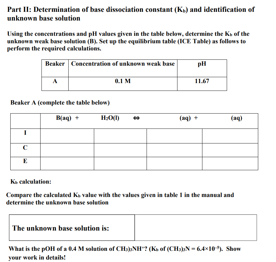Solved Part Ii Determination Of Base Dissociation Constant
