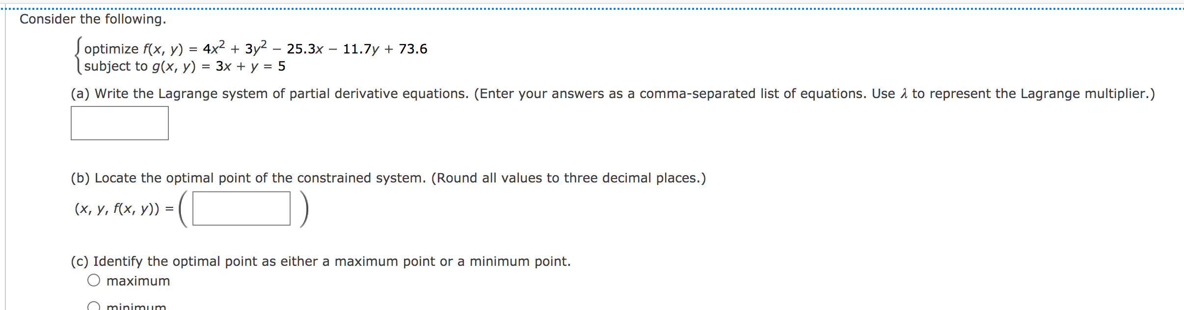 Solved Consider the following. ſ optimize f(x, y) = 4x2 + | Chegg.com