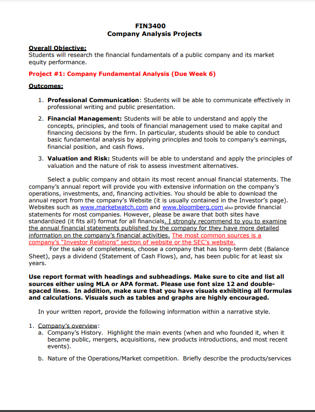 Solved Company Analysis ProjectsOverall Objective:Students | Chegg.com